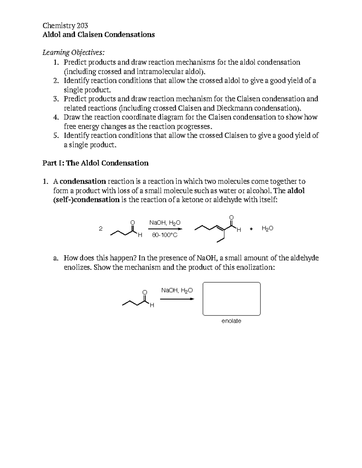 Chemistry 203 Worksheet: Aldol & Claisen Reactions Overview - Studocu
