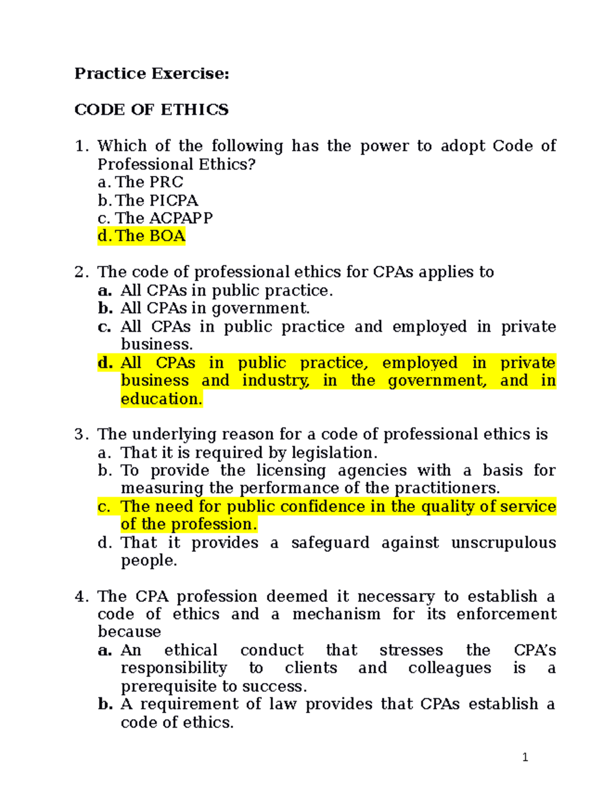 A21 Ethics Practice Exercises for CPA Exam Preparation - Studocu