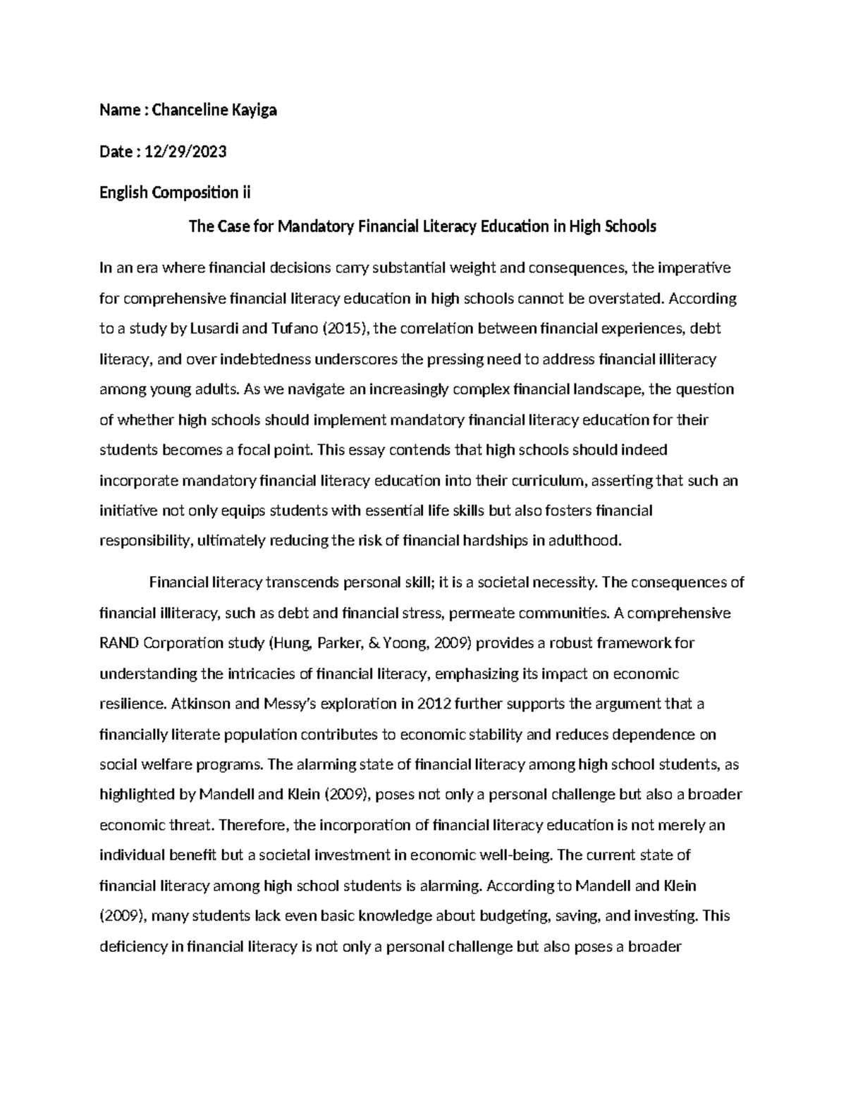 English Comp II: Revising an Argumentative Research Essay on Financial ...