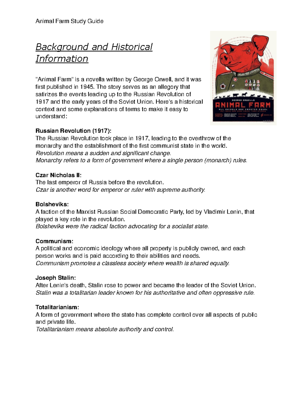 Animal Farm Study Guide (ENG 101) - Context, Themes & Questions - Studocu