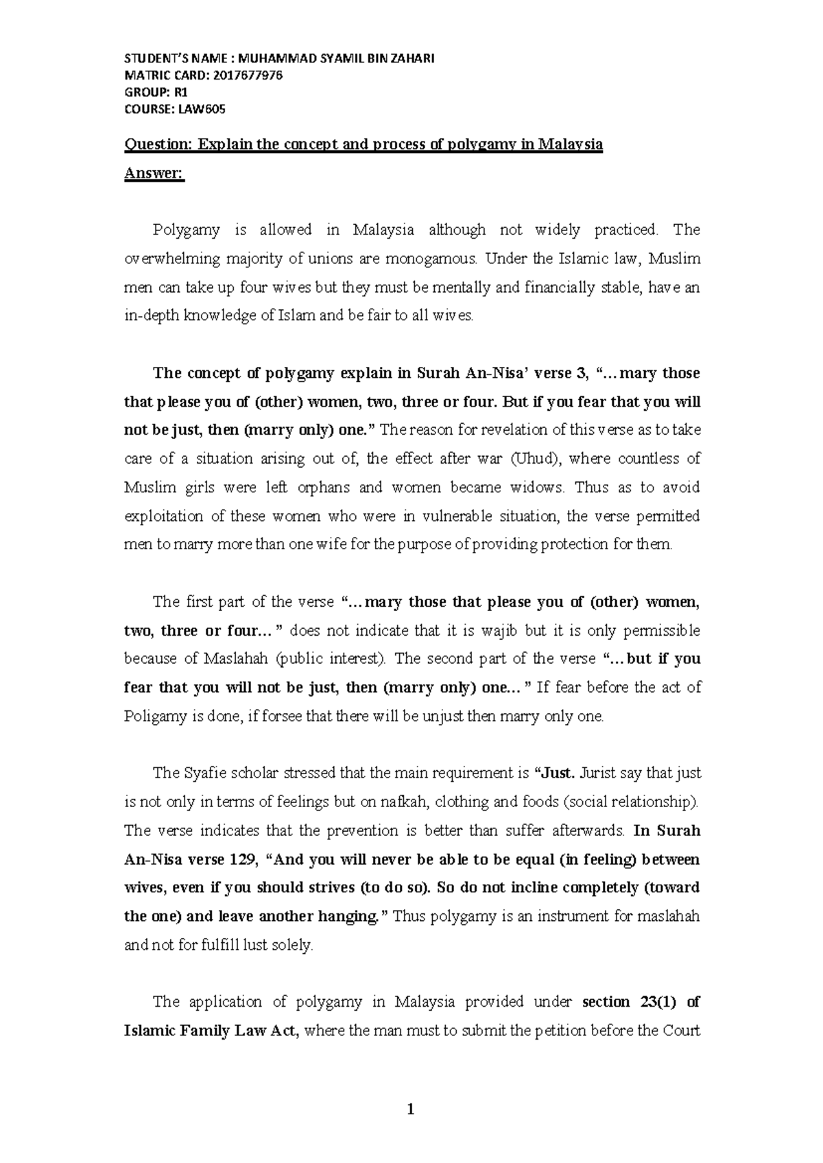 Nikah 5 Polygamy Answer by Syamil - STUDENT’S NAME : MUHAMMAD SYAMIL ...