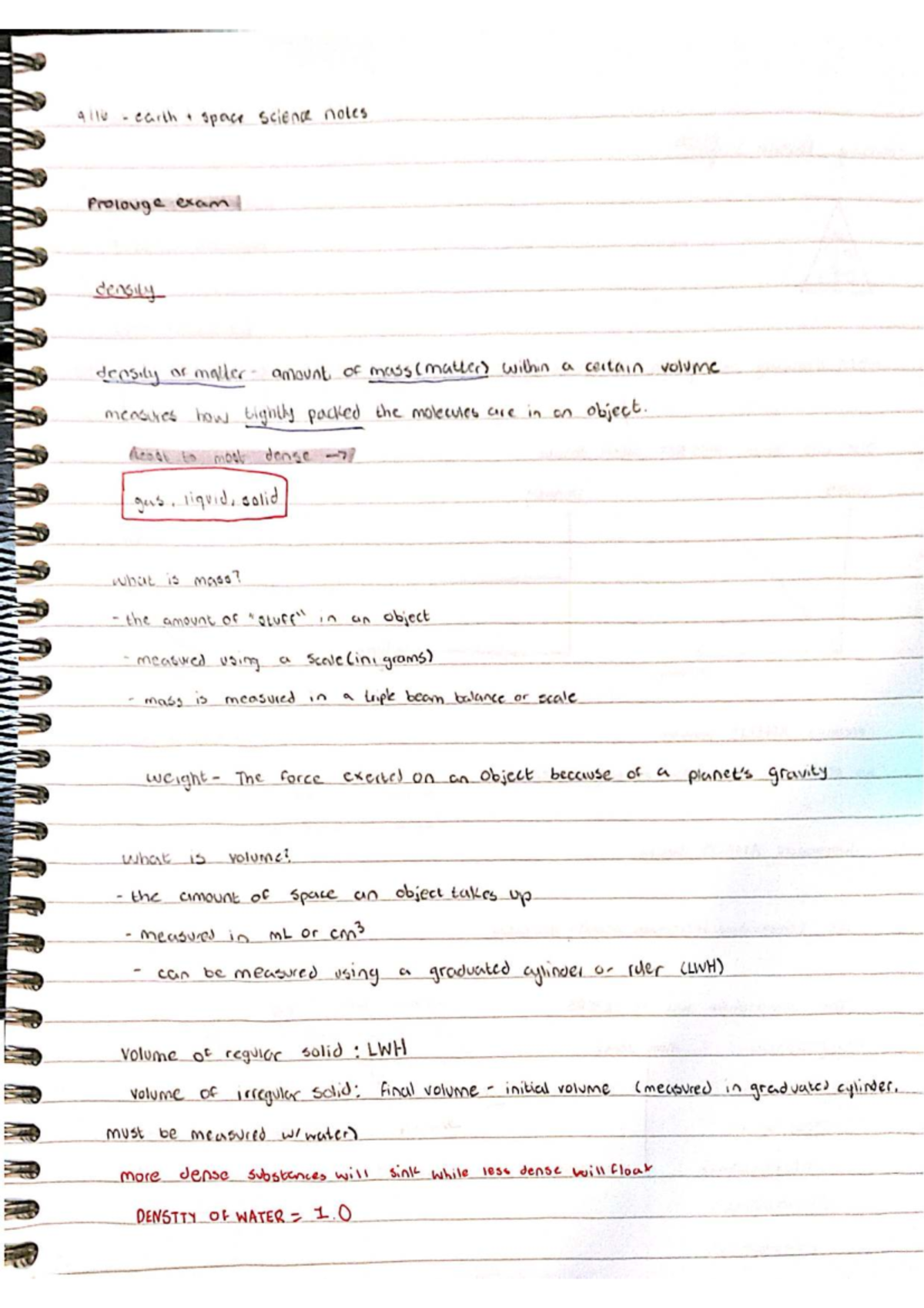 Earth 1 Space Science: Prologue Exam Notes on Density and Matter - Studocu