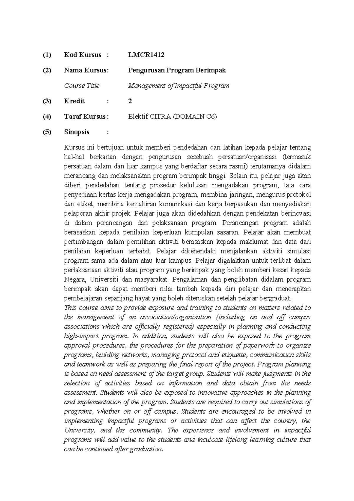 Pengurusan Program Berimpak LMCR 1412: Nota dan Rancangan Kursus - Studocu
