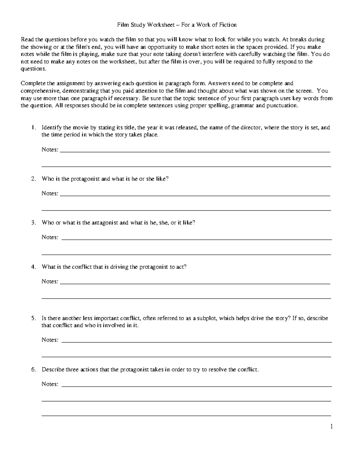 Film-Study-Worksheet - 1 Film Study Worksheet – For a Work of Fiction ...