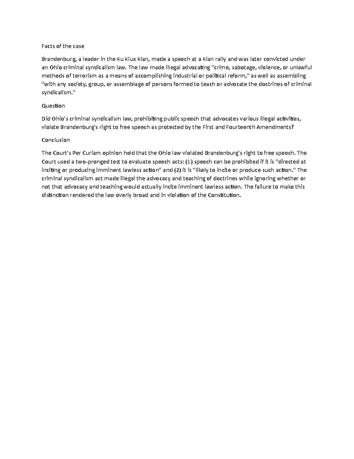 10. Brandenburg v. Ohio - Facts of the case Brandenburg, a leader in ...