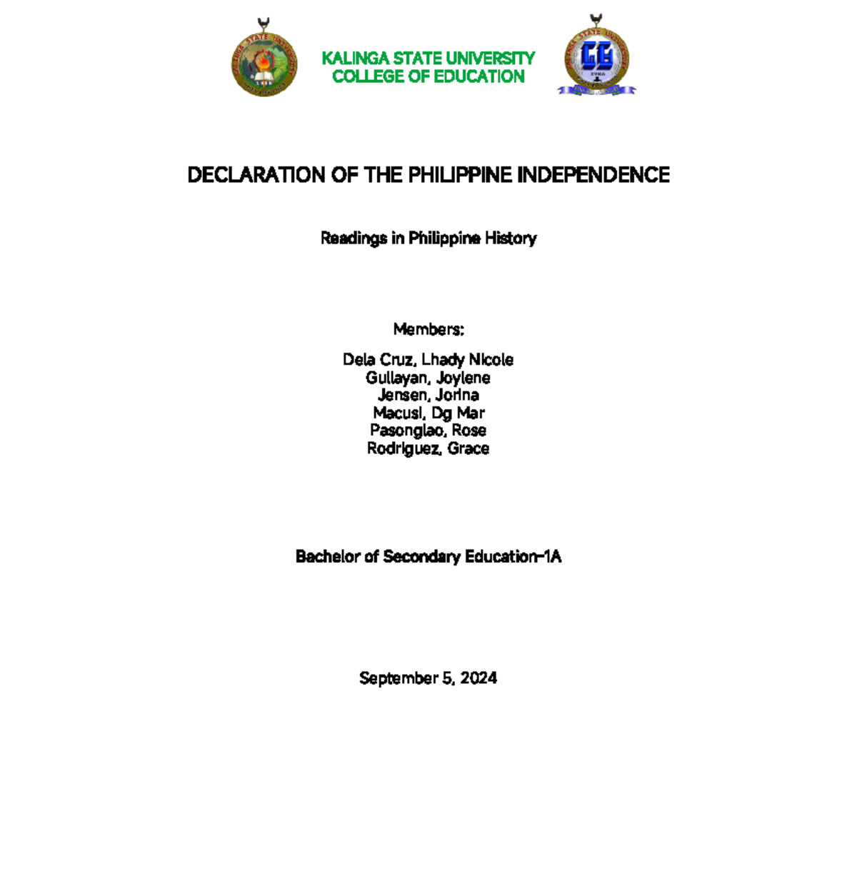 THE. Declaration.OF - notes - COLLEGE OF EDUCATION DECLARATION OF THE ...