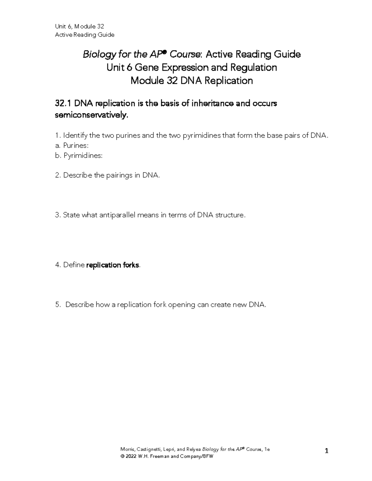 Module 32 Active Reading Guide: DNA Replication in AP Biology - Studocu