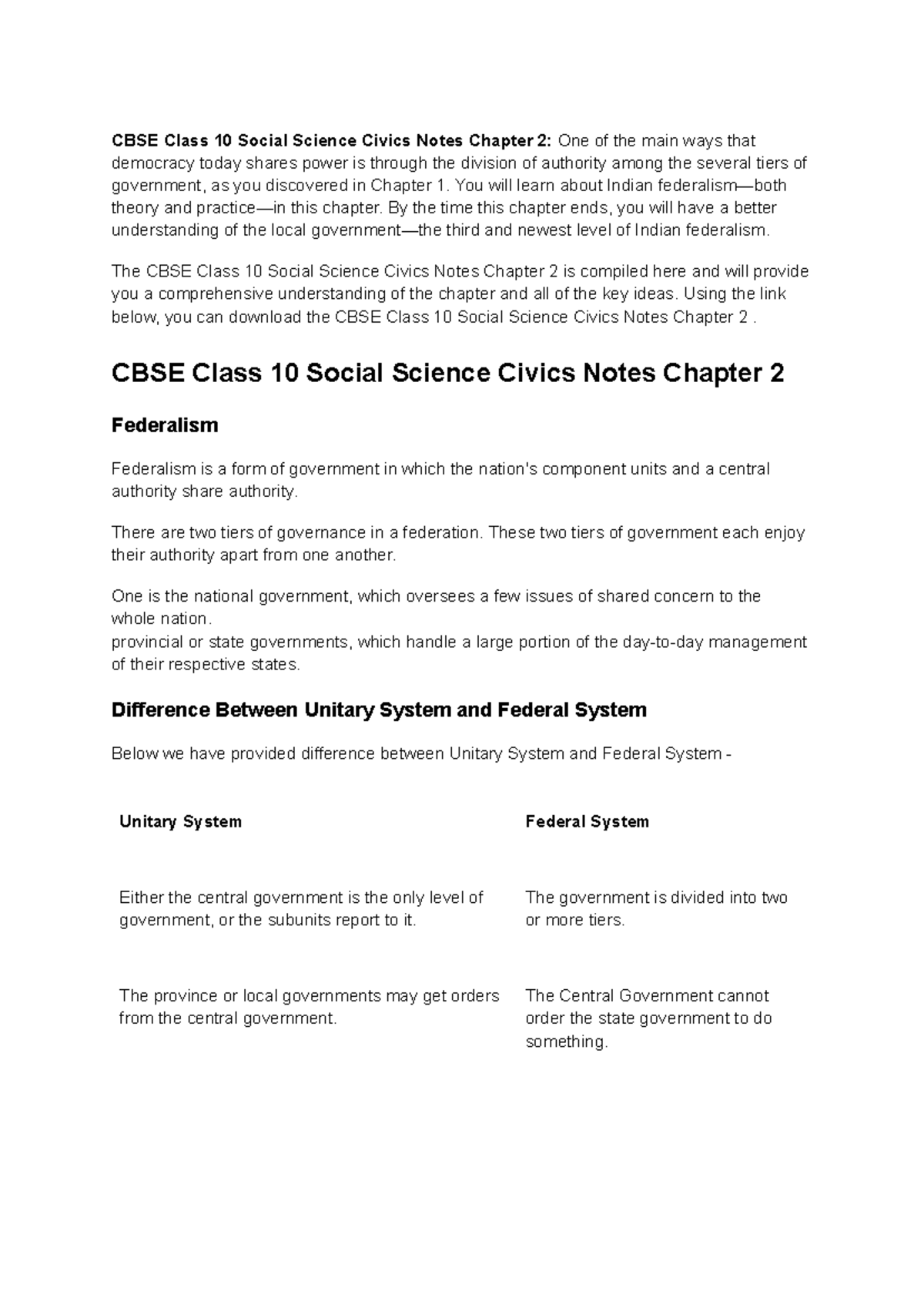CBSE Class 10 Social Science Civics Notes: Federalism Explained - Studocu