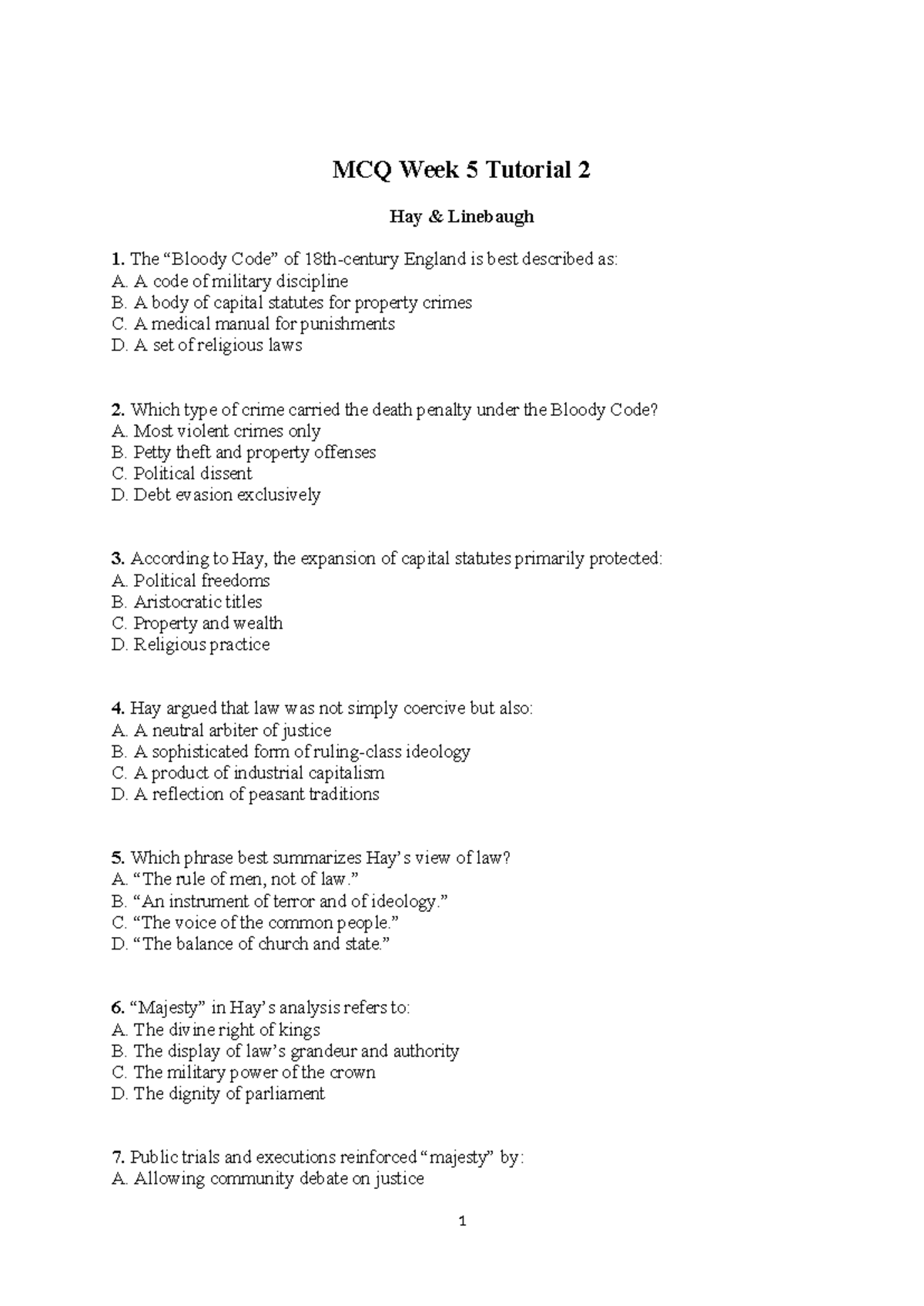 HIST206 MCQ Week 5 Tutorial 2: Key Concepts and Questions - Studocu