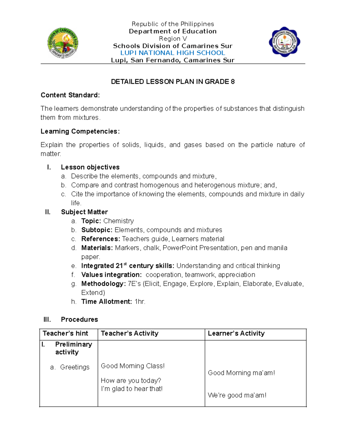 Detailed Lesson Plan in Grade 8: Properties of Matter (Chemistry) - Studocu