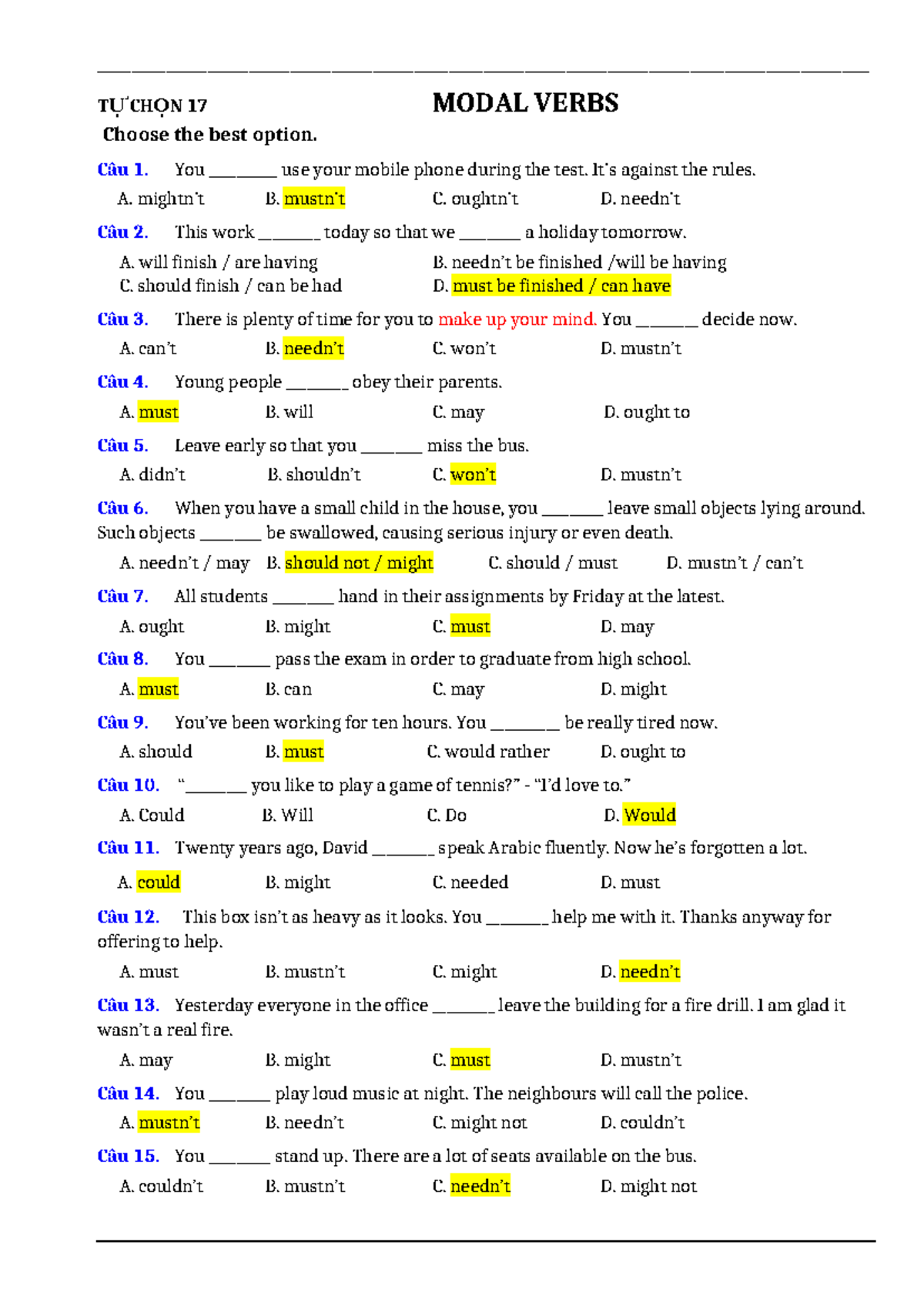 12A7-TC17 - Modal Verbs Practice Questions and Answers - Studocu