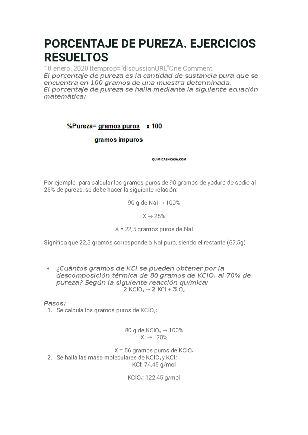 Porcentaje de Pureza en Química: Ejercicios Resueltos - Studocu