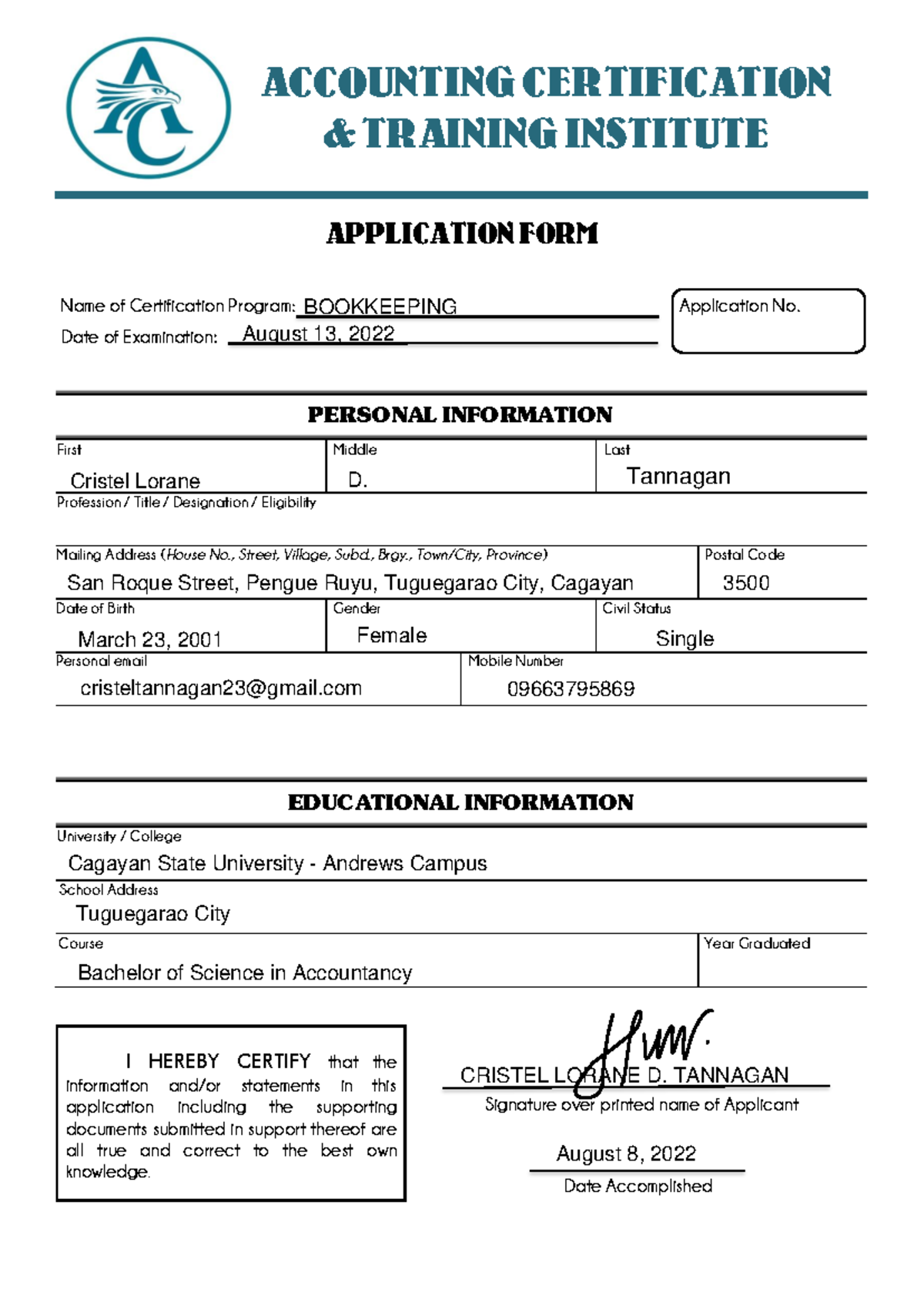 ACTI Exam Application Form for Accounting Certification Program - Studocu