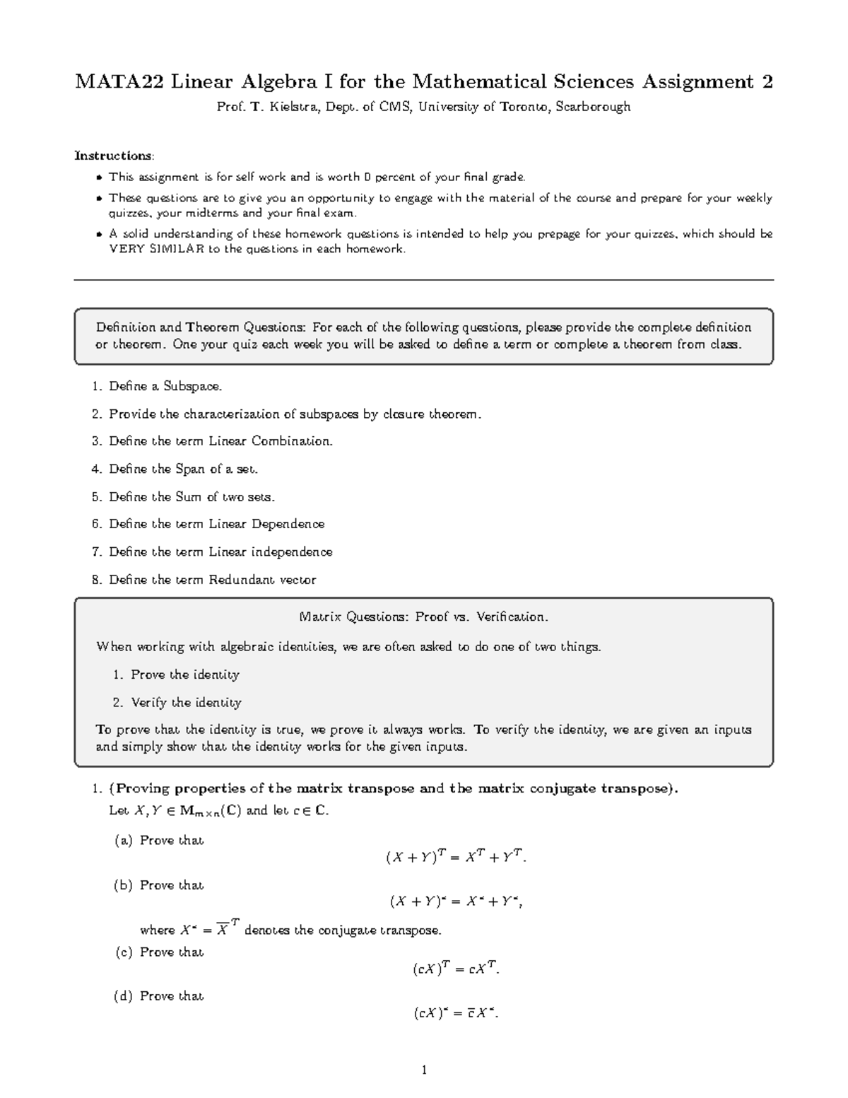 MATA22 Linear Algebra I Assignment 2: Definitions & Proofs - Studocu