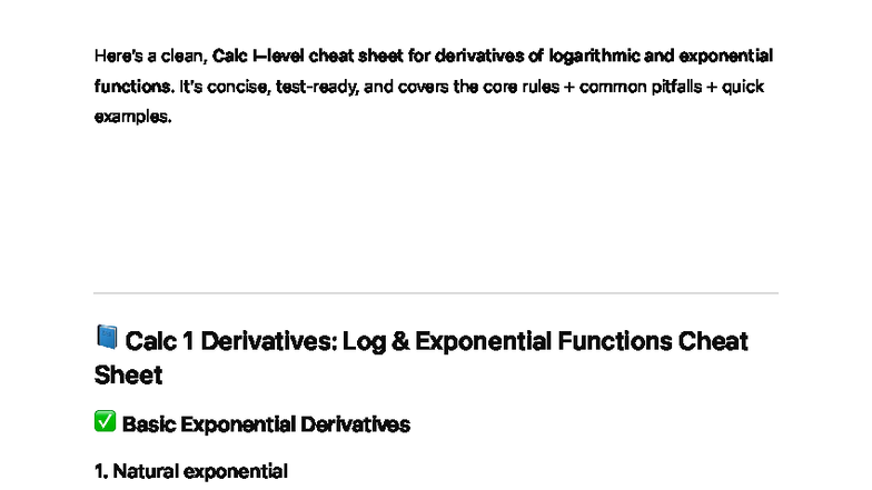 Calc 1: Log & Exponential Functions Derivatives Cheat Sheet - Studocu