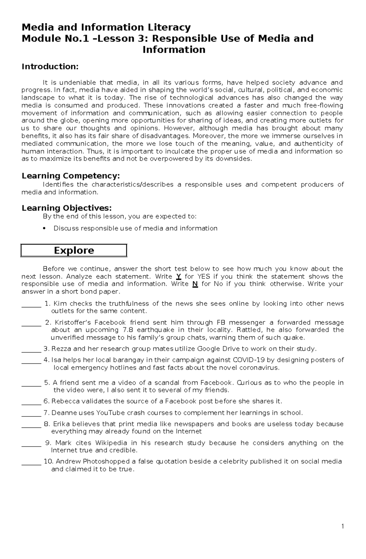 Media and Information Literacy: Responsible Use - Lesson 3 - Studocu