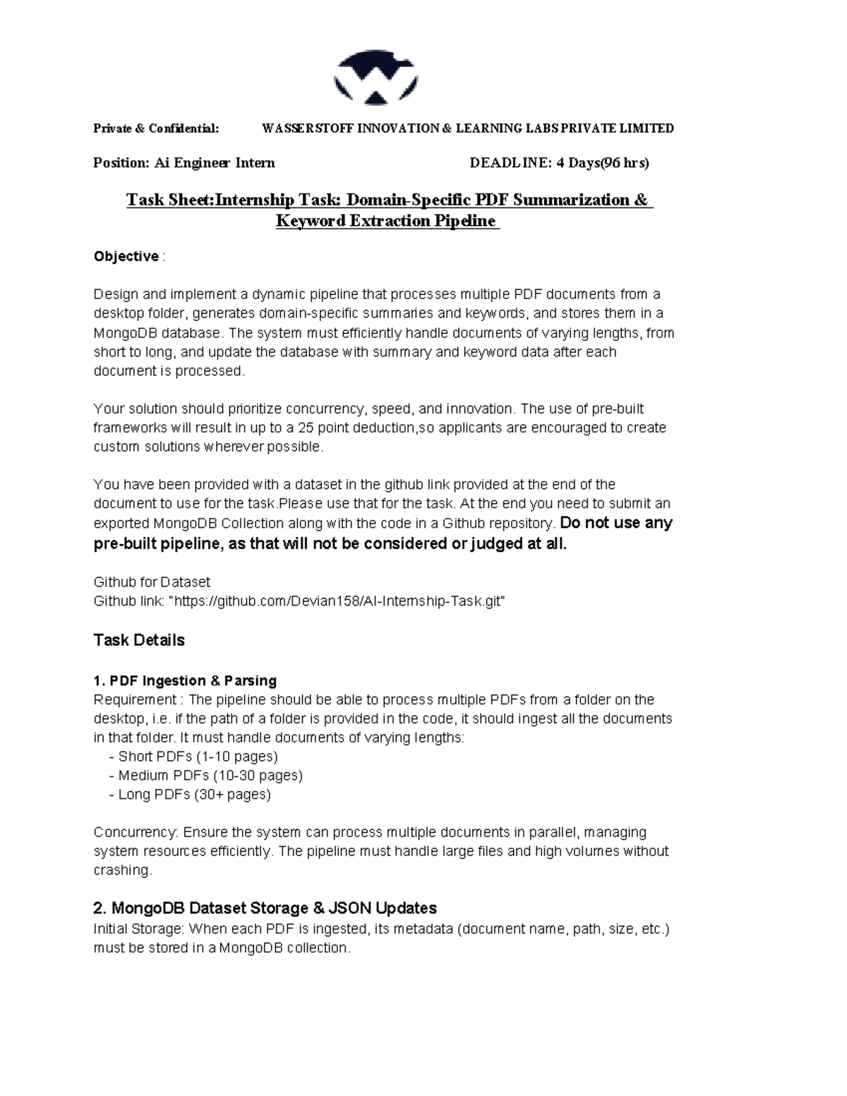 WASSERSTOFF AI Internship Task: PDF Summarization & Keyword Extraction - Studocu