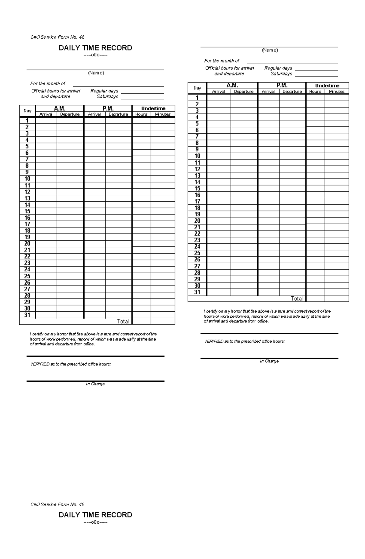 Civil Service Form No. 48: Daily Time Record (DTR) Sample - Studocu