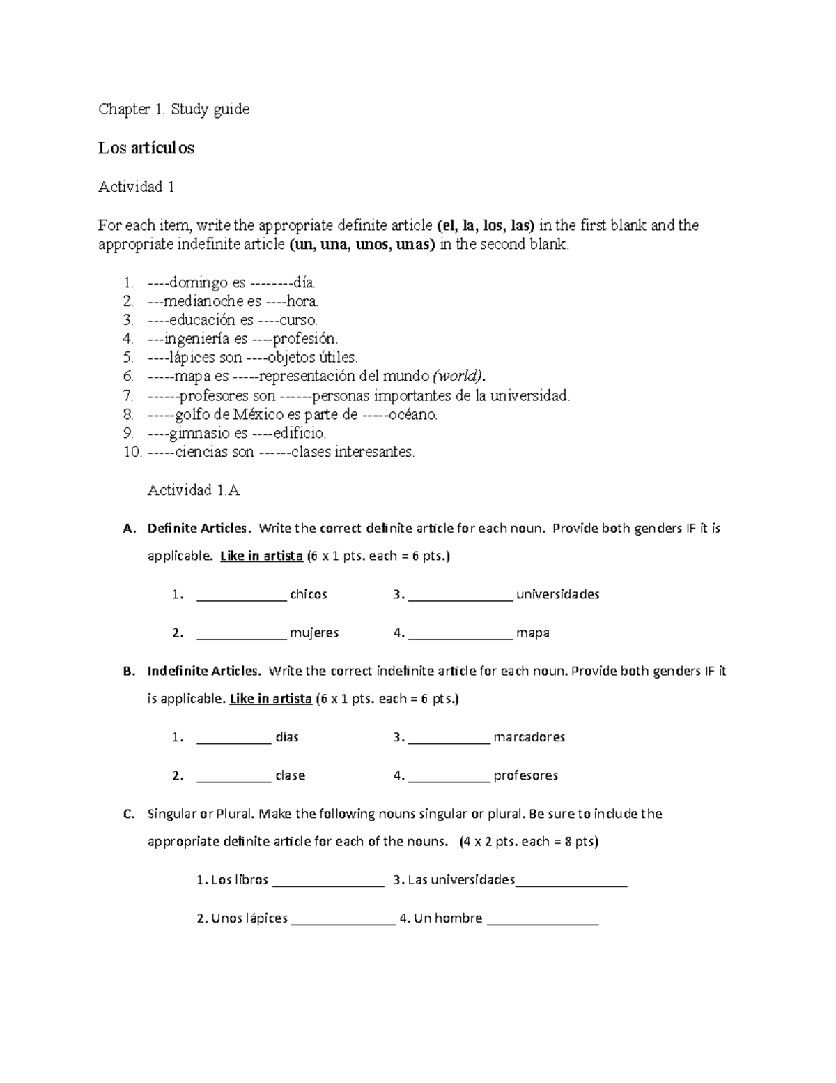Span 101 Lesson 1 Study Guide For Test 1 Articles And Classroom