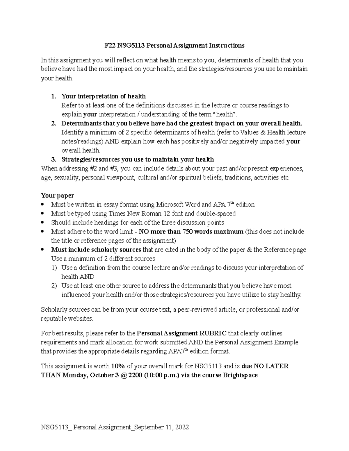 F22 NSG5113 Personal Assignment Instructions September 11, 2022 - F22 NSG5113 Personal ...