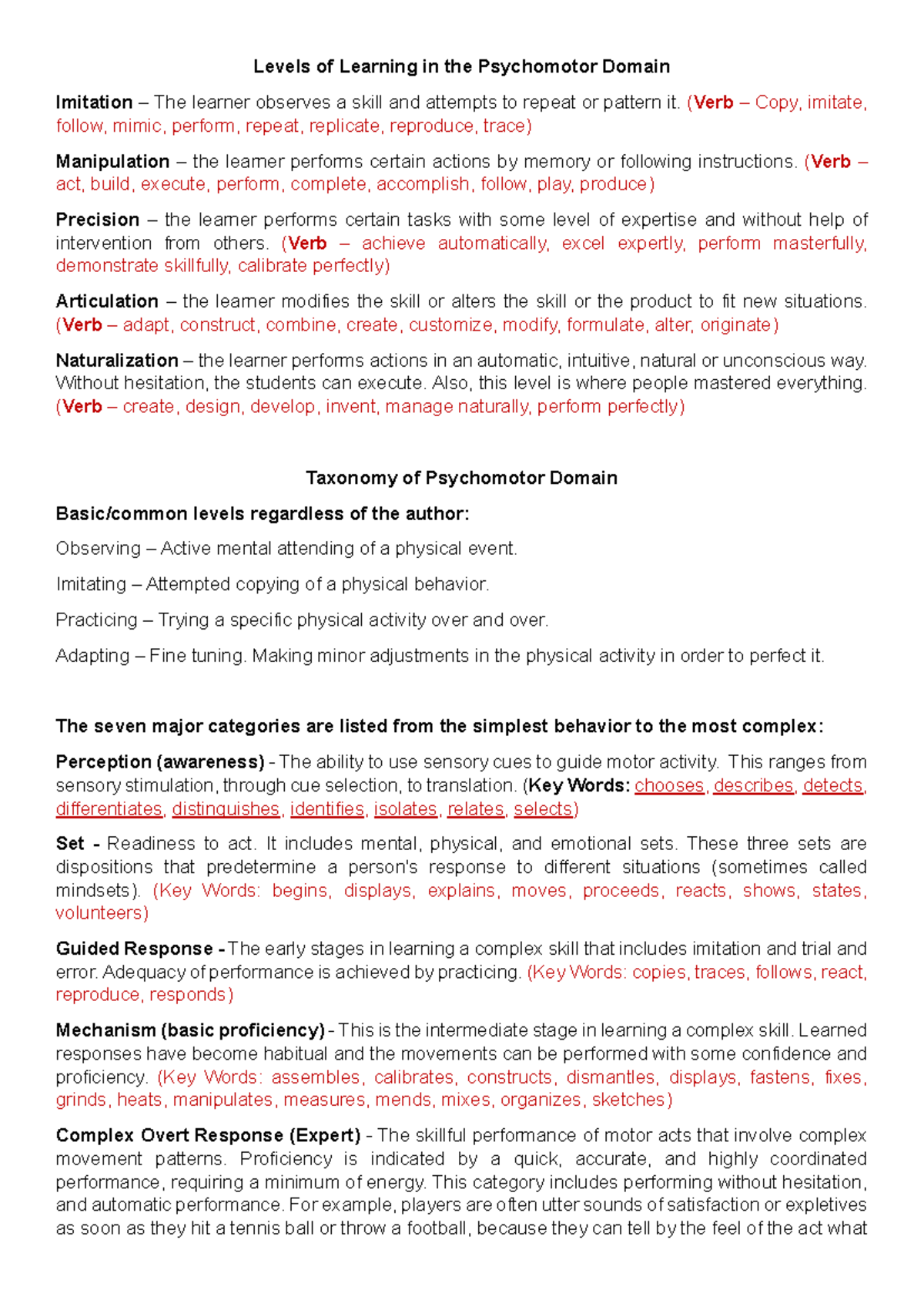 Psychomotor Domain Study Guide: Levels of Learning & Taxonomy - Studocu
