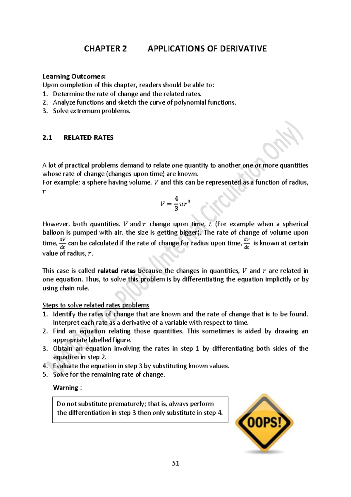 CHAPTER 2: APPLICATIONS OF DERIVATIVES IN FOUNDATION MATHEMATICS II ...
