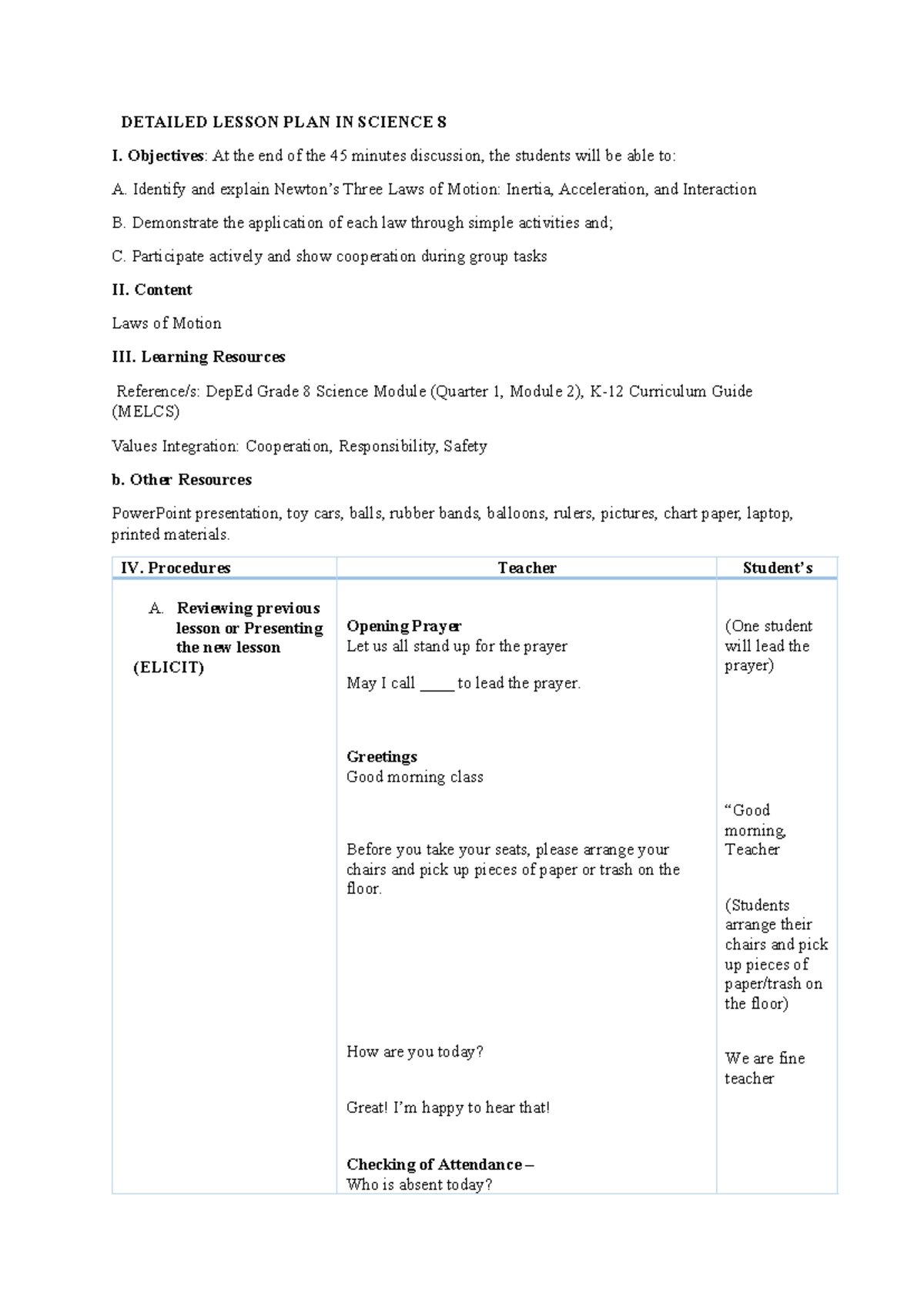 DETAILED LESSON PLAN ON LAWS OF MOTION (SCIENCE 8) - Studocu