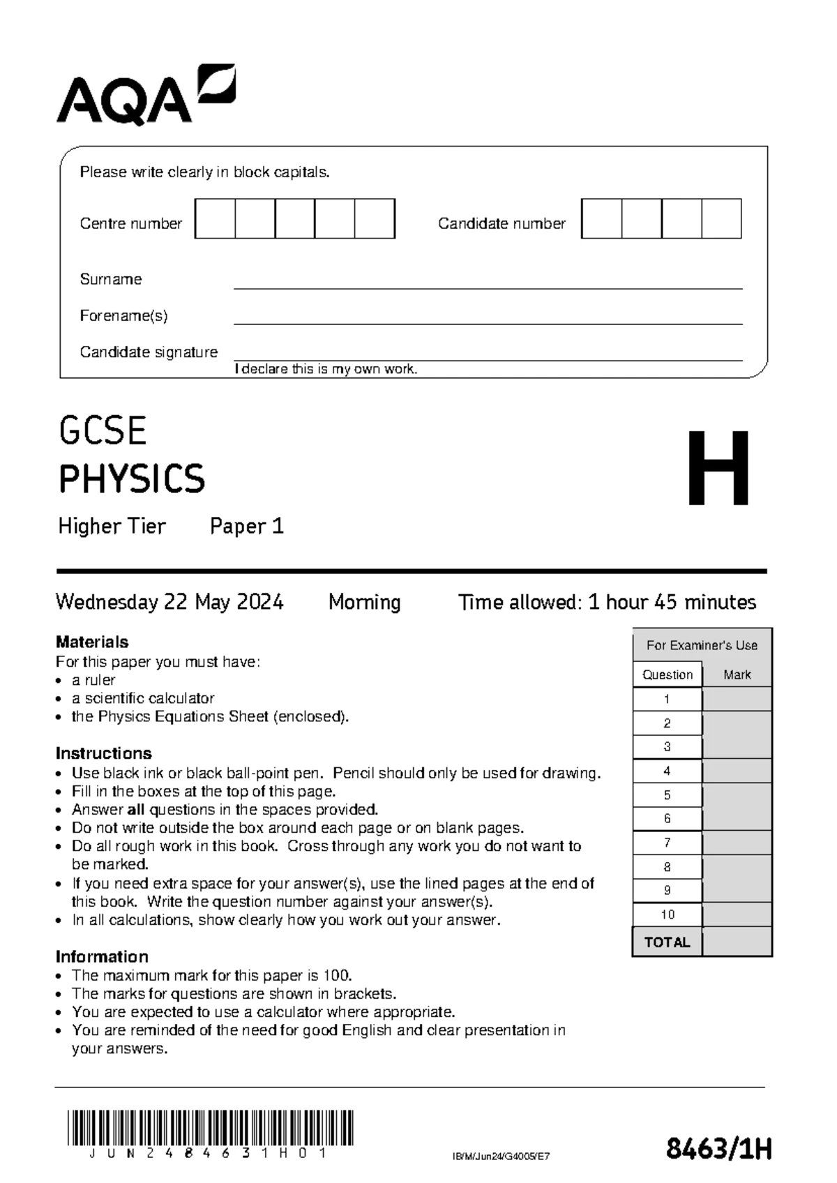 2024 June GCSE Physics Higher Paper 1 Question Paper Analysis - Studocu