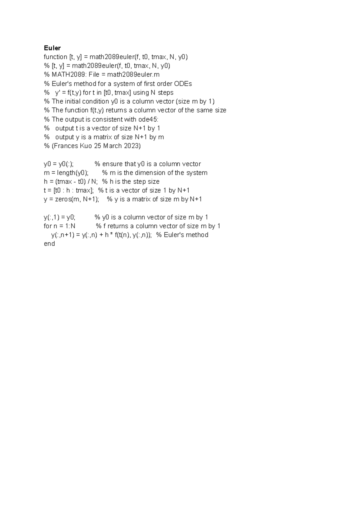 MATH2089: Euler and Heun Methods for ODEs Implementation - Studocu