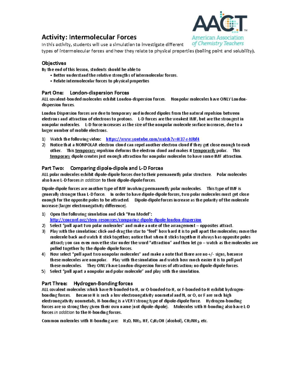 IMF Online Activity: Exploring Intermolecular Forces and Their Effects ...