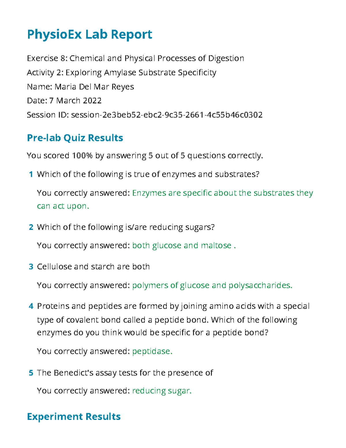 PhysioEx Exercise 8: Amylase Activity Analysis Lab Report - Studocu