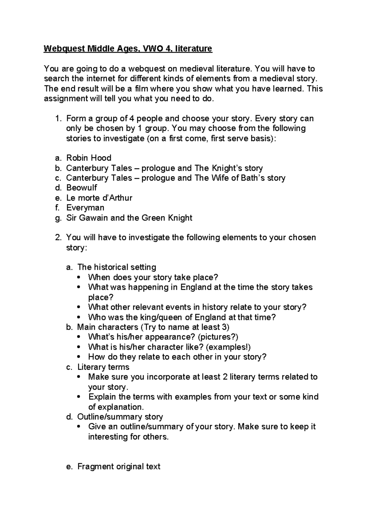 Webquest on Medieval Literature, VWO 4 - Group Project Guide - Studocu