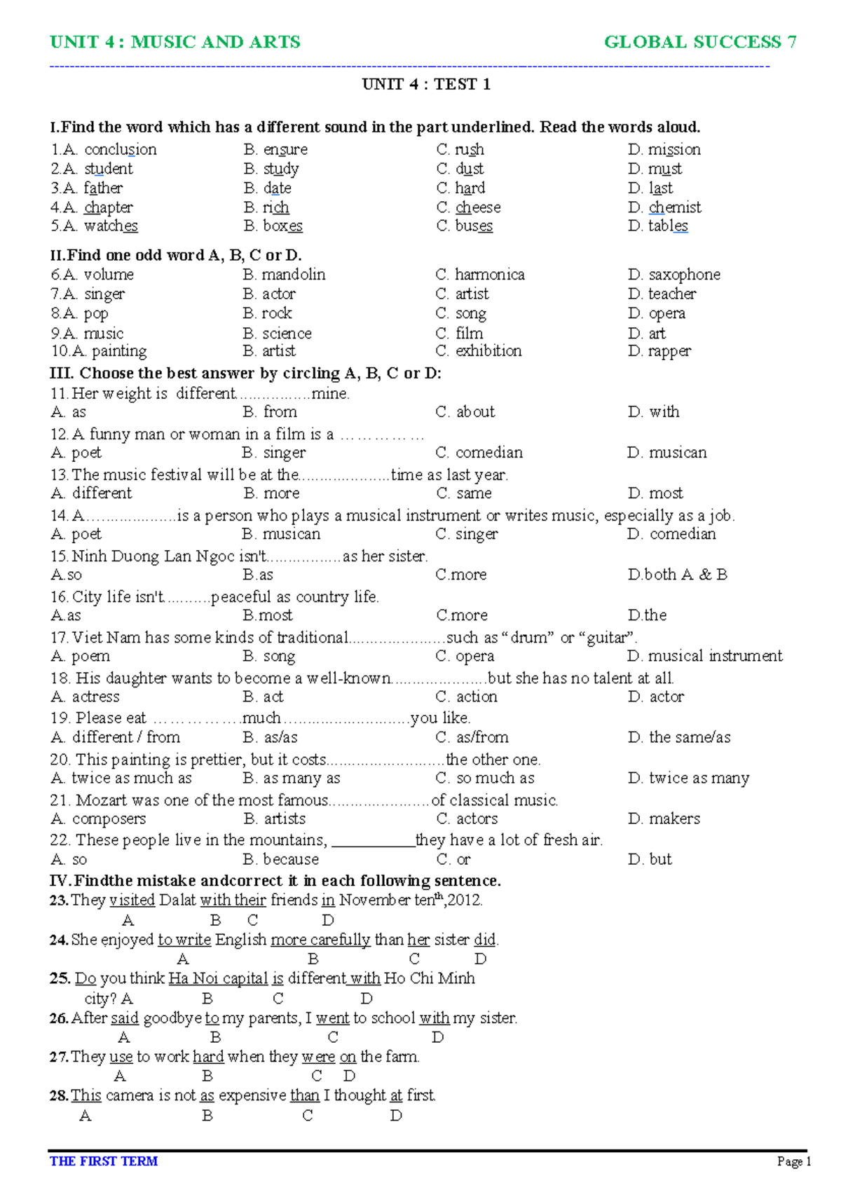 Unit 4: Music and Arts Test - Global Success 7 - Studocu