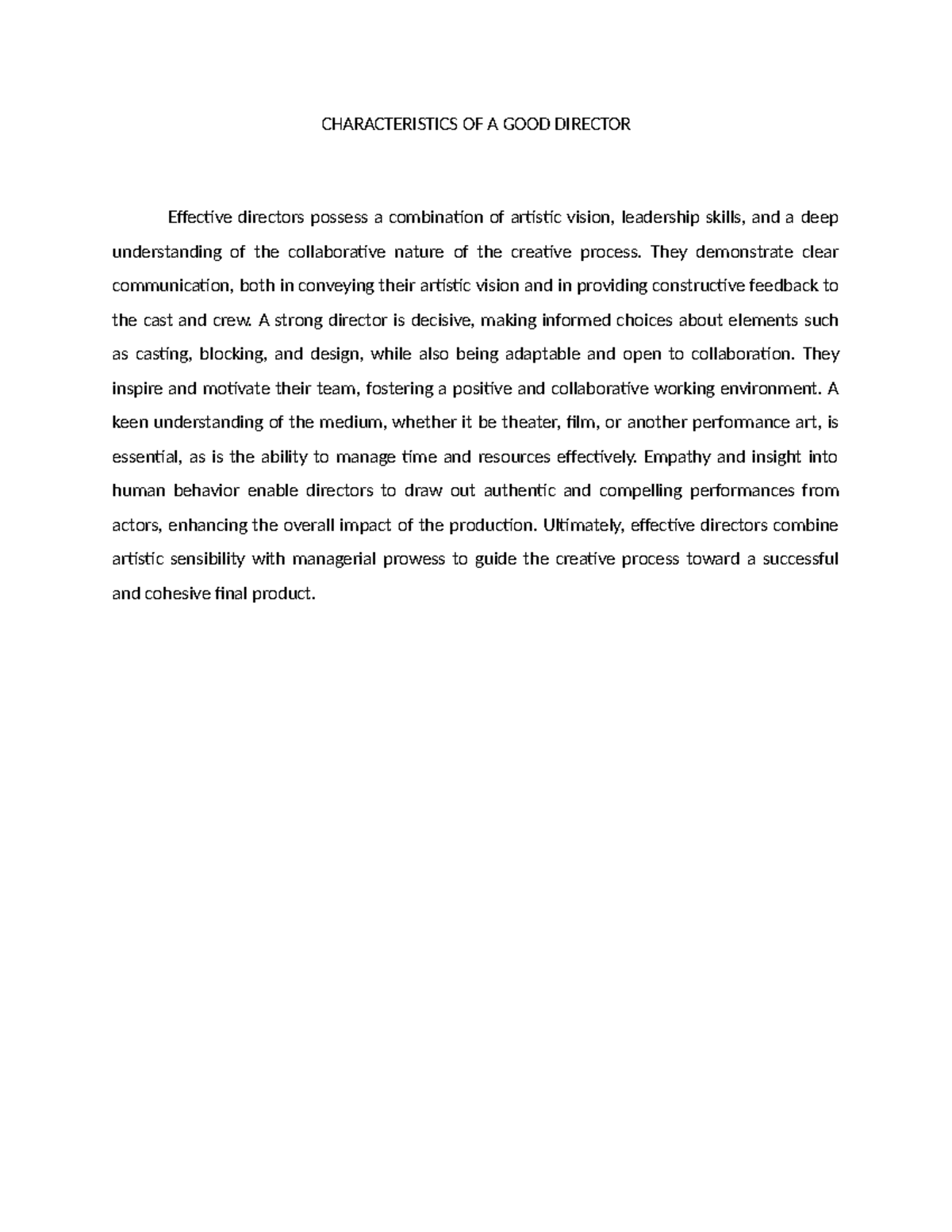 Characteristics of an Effective Director in Creative Arts - Studocu