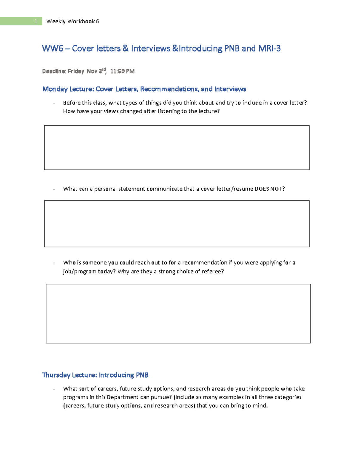 WW6 Weekly Workbook 6: Cover Letters & PNB Insights - Studocu