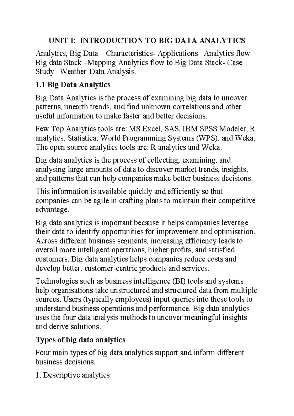 UNIT I: Introduction to Big Data Analytics - Key Concepts and Applications - Studocu