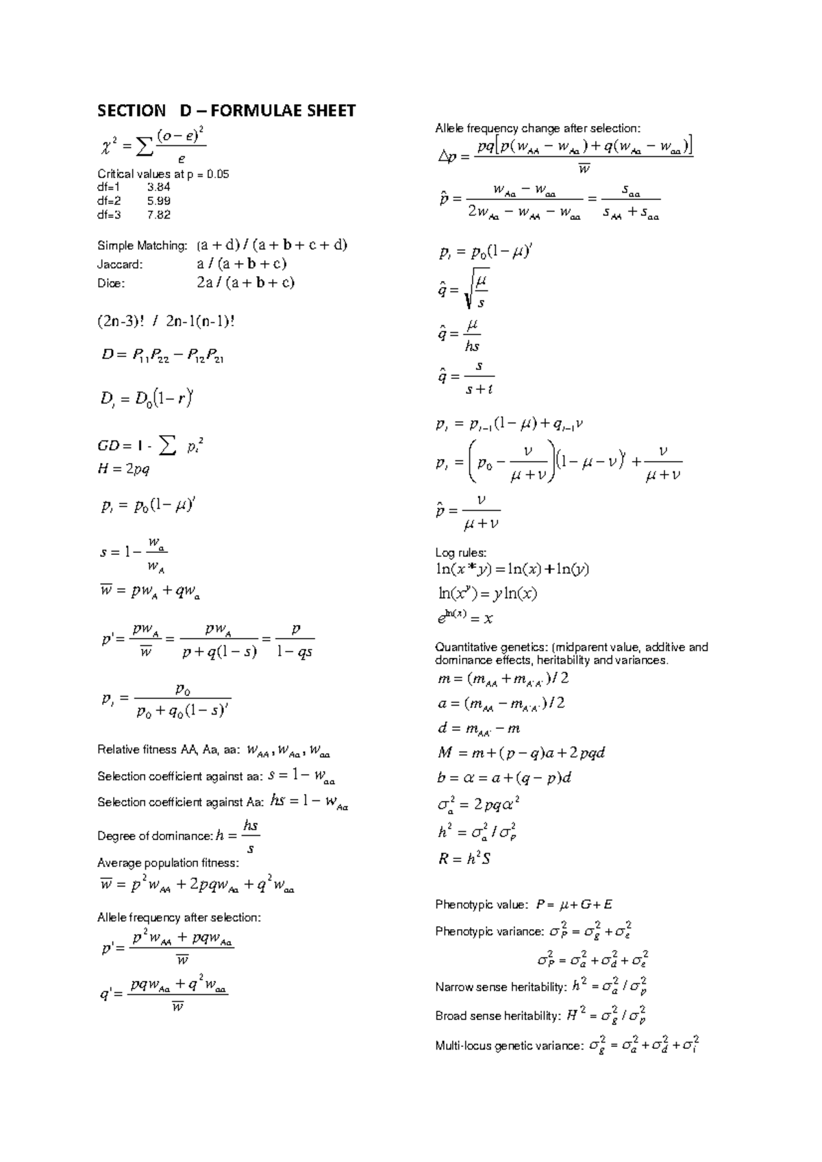 Genetics Formula Sheet for Course ABC 101: Essential Equations and ...
