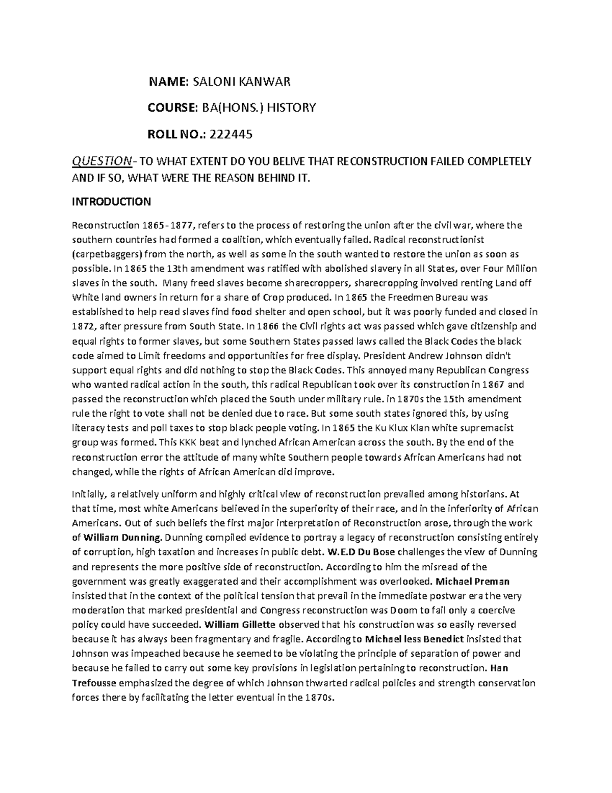 BA(HONS.) HISTORY: Analyzing the Failures of Reconstruction (1865-1877 ...