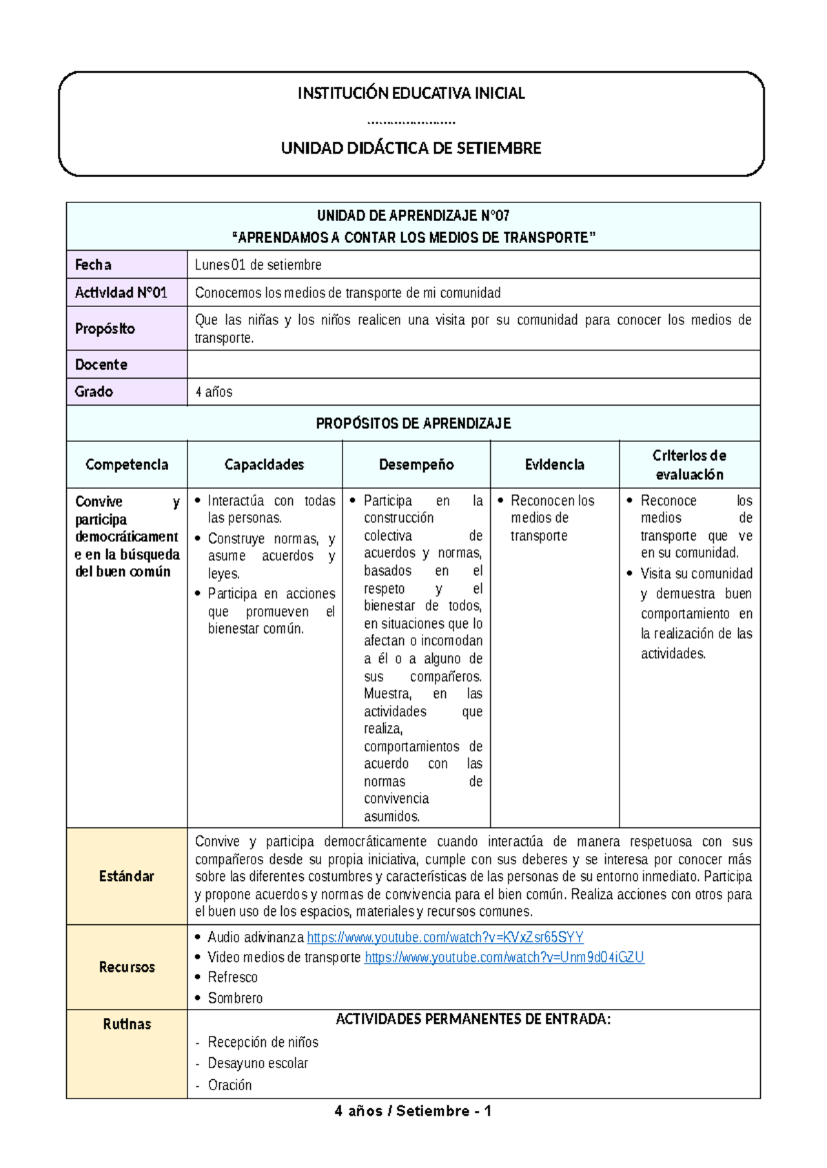 4 AÑOS - Unidad Didáctica sobre Medios de Transporte - Setiembre - Studocu