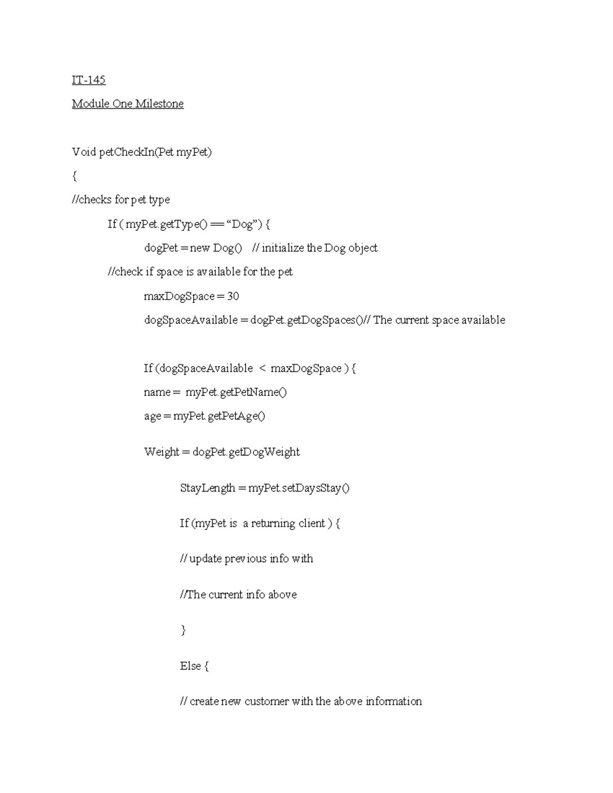 IT-145 Project One Milestone: Pet Check-In Function Implementation - Studocu