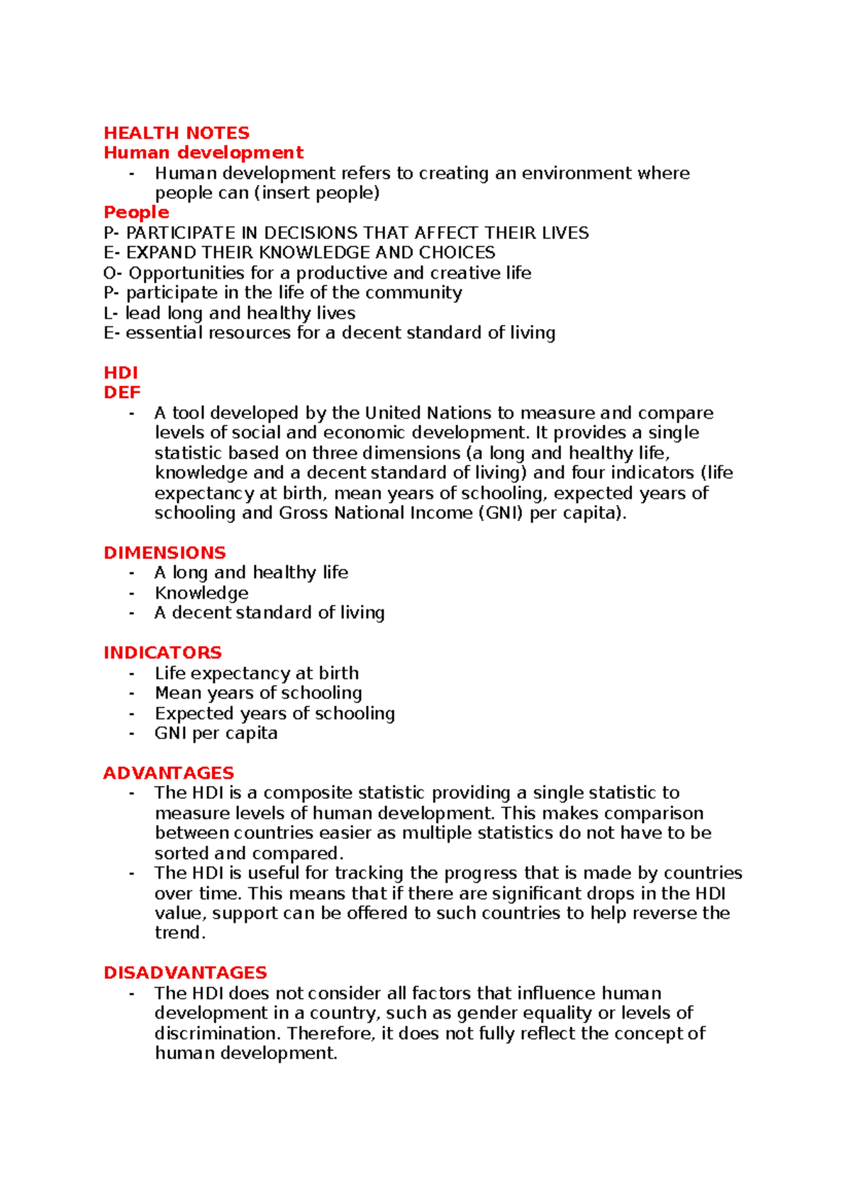 HEALTH NOTES HDI & Human Development Factors and Implications - Studocu