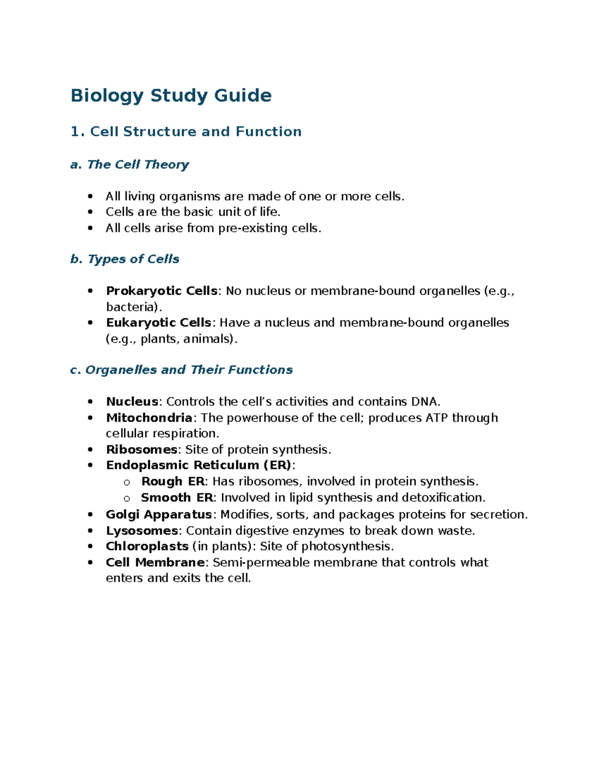 Biology Study Guide: Cell Structure, Genetics & Evolution Concepts ...