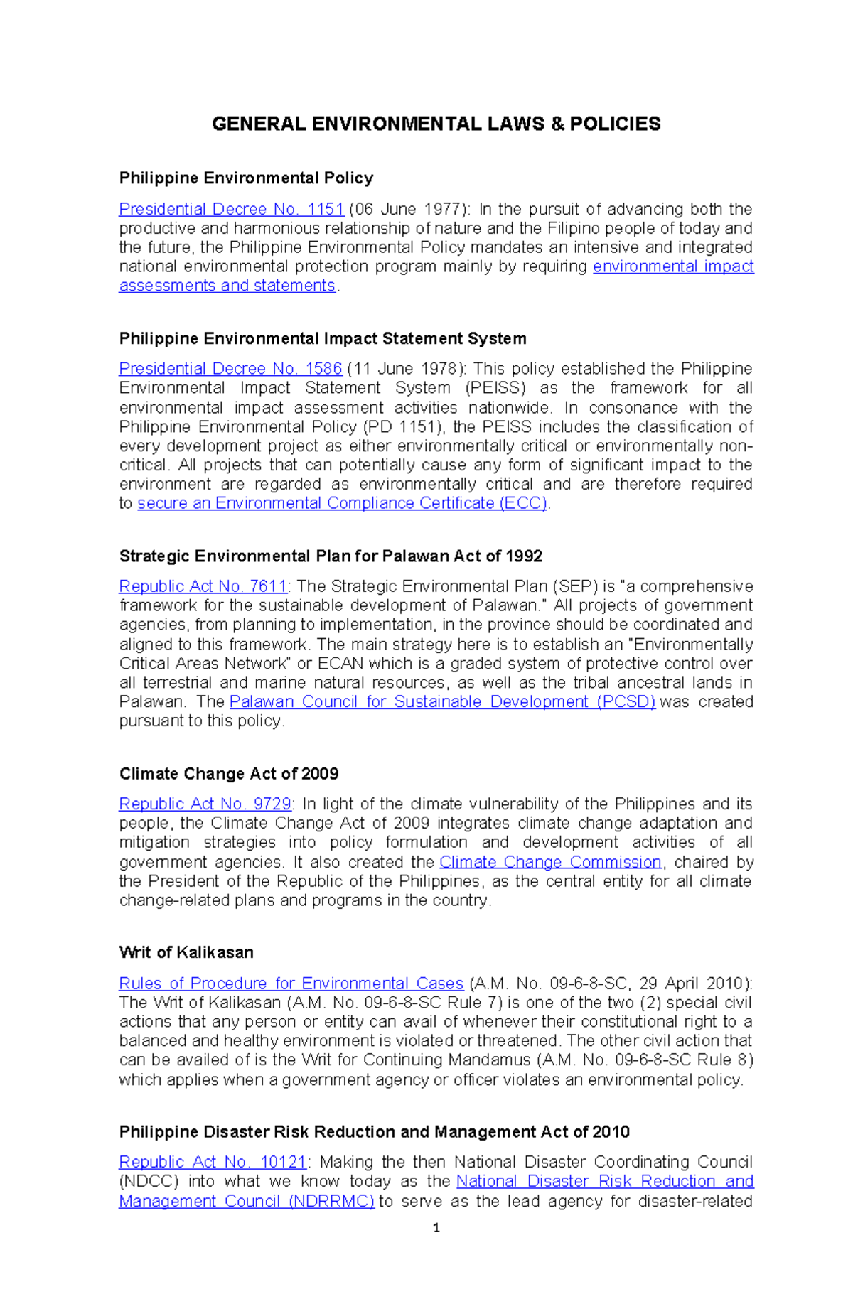 Comprehensive Overview of General Environmental Laws & Policies - Studocu