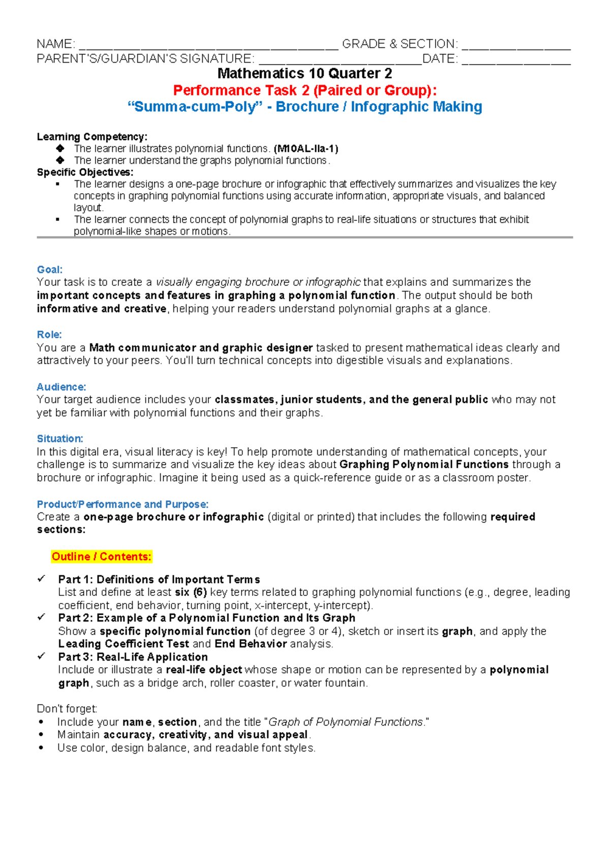 MATH10 Q2 - Performance Task 2: Brochure on Polynomial Functions - Studocu
