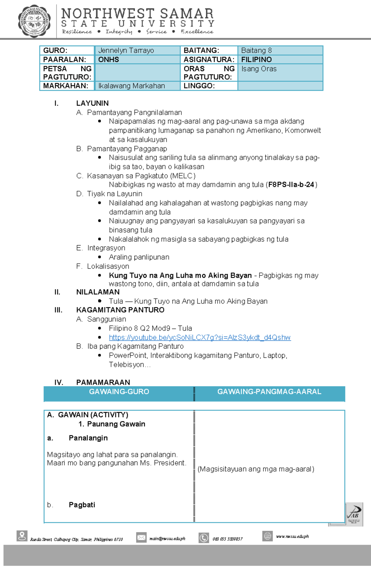 LP Grade 8 Tula - Masusing Banghay Aralin sa Pagbasa ng Tula - Studocu