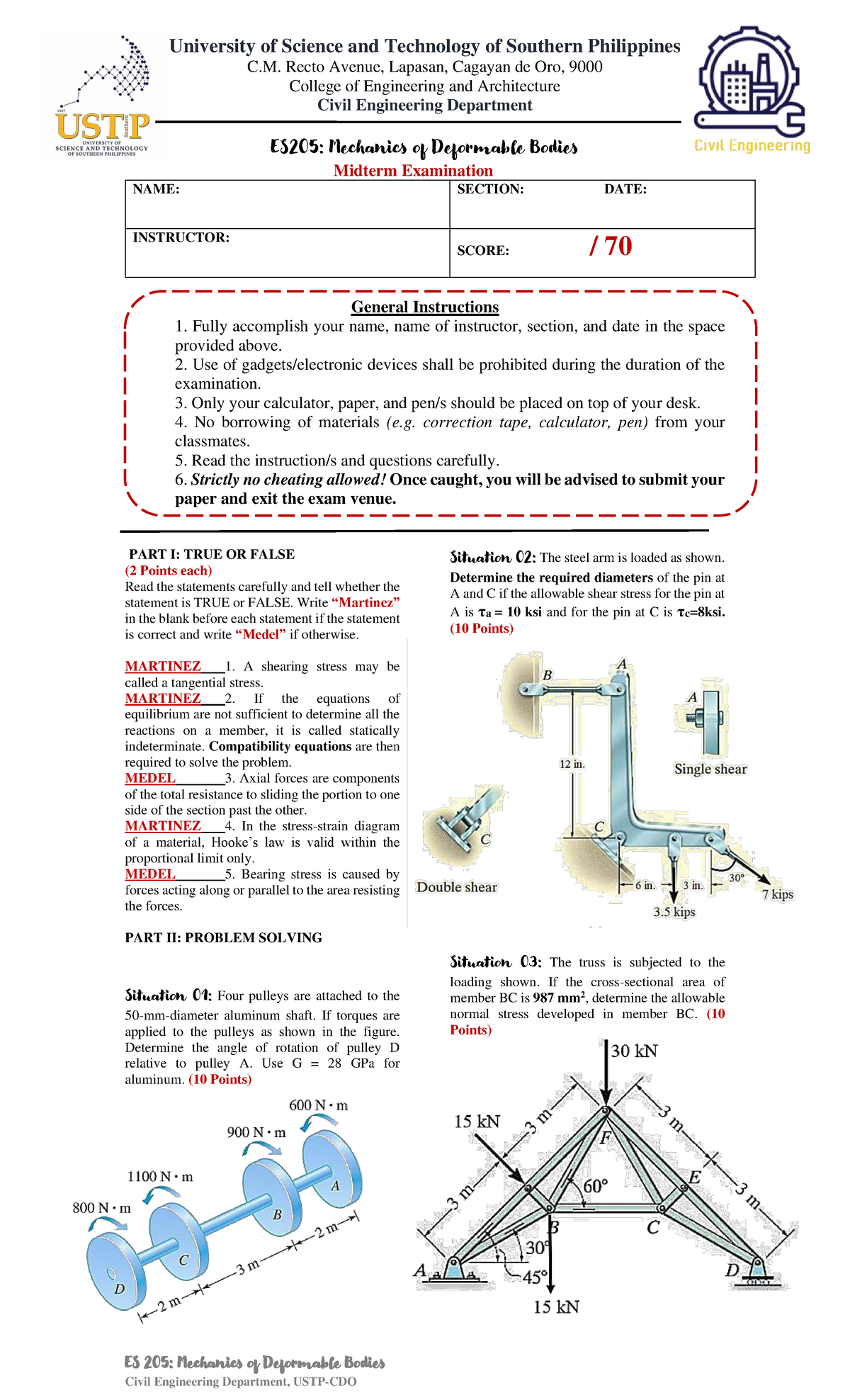 Midterm Solutions for ES205: Mechanics of Deformable Bodies - Studocu