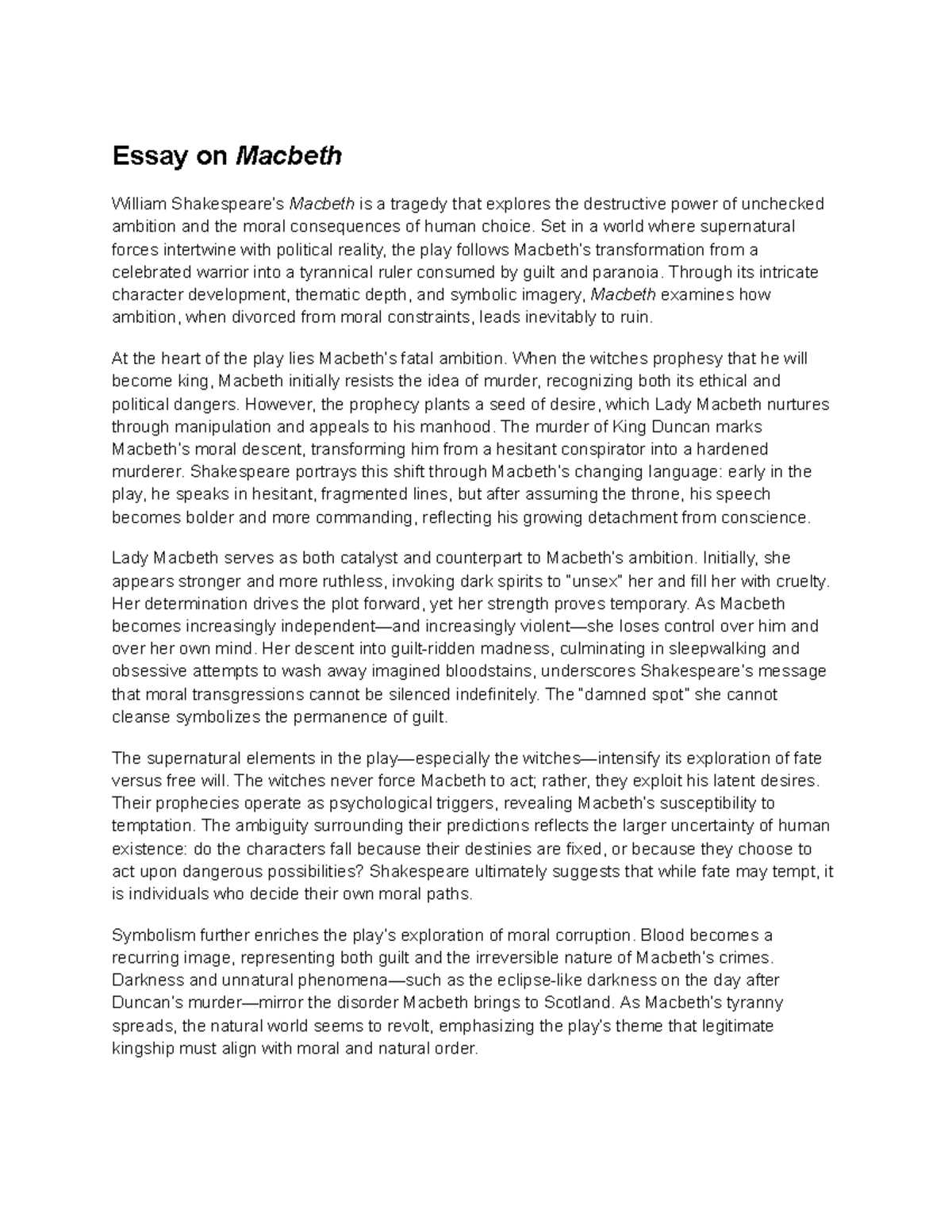 Macbeth Essay: The Tragic Consequences of Ambition and Guilt - Studocu