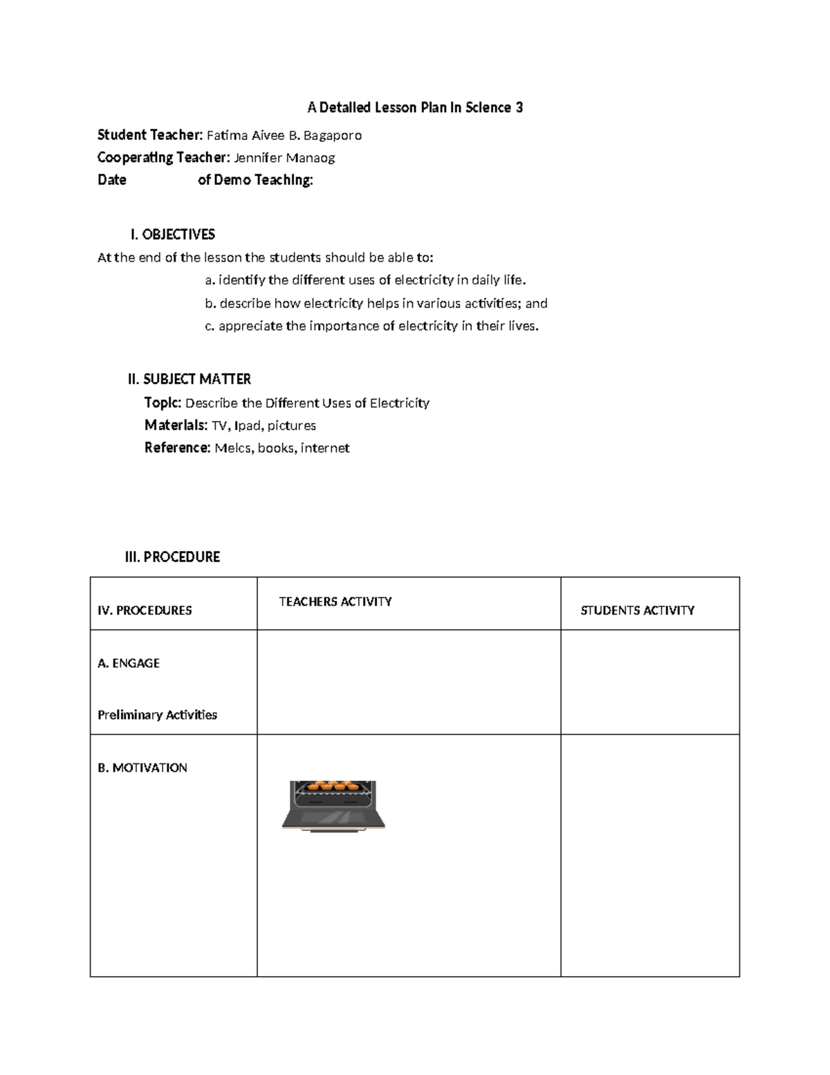 Electricity Uses: Detailed Lesson Plan for Science 3 - DLP - Studocu