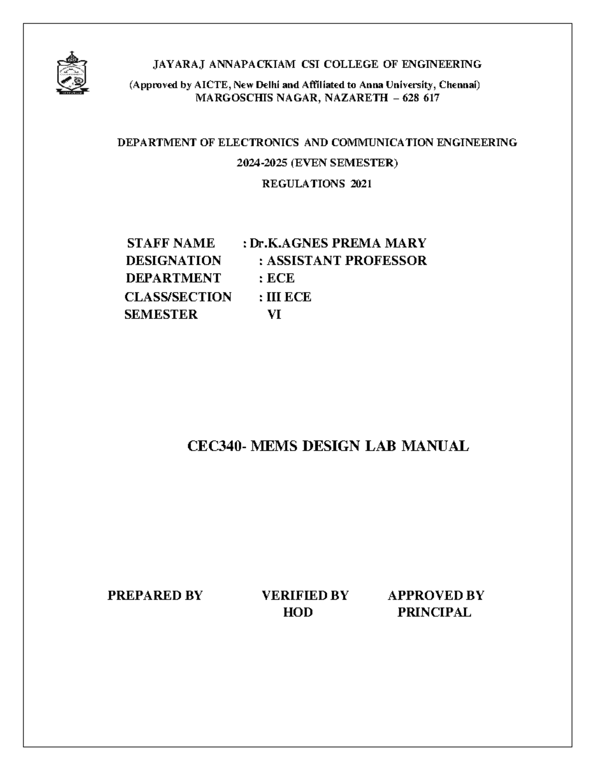CEC340 MEMS DESIGN LAB MANUAL - SEMESTER VI - Studocu