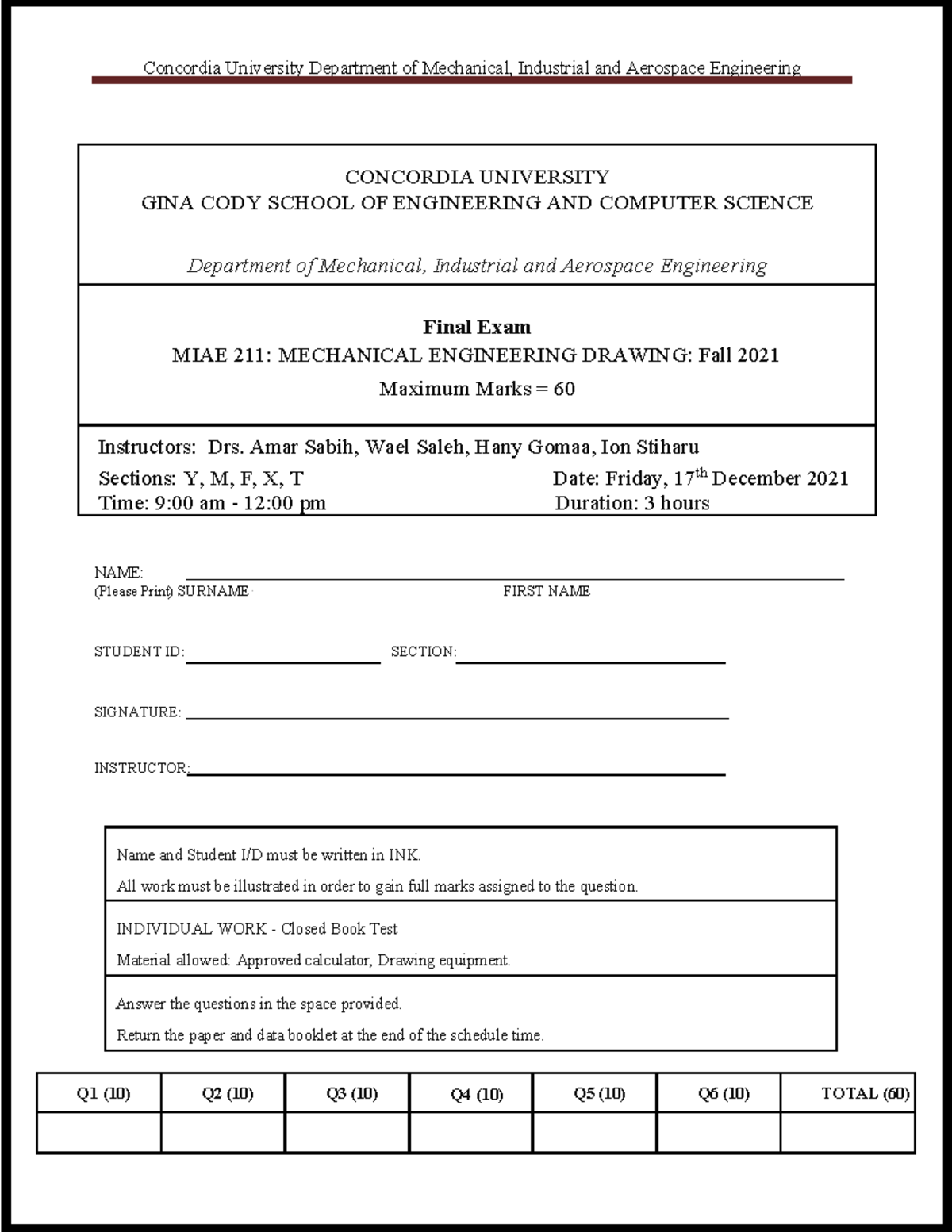 MIAE 211 - Final Exam Solutions for Mechanical Eng. Drawing (Fall 2021 ...